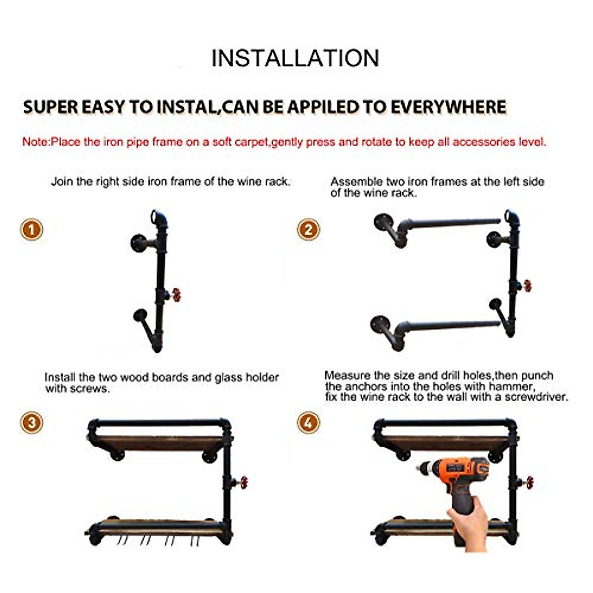 Industrial Wall Mounted Wine Racks with 4 Stem Glass Holder,24inch Rustic Metal Hanging Wine Holder Glass Rack,2-Tiers Floating Bar Shelves Bottle Holder Storage Shelves,Wood Shelves Wall Shelf