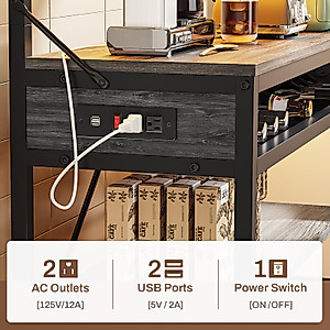 Itaar Bakers Rack with Power Outlet, 6-Tier Coffee Bar, Microwave Stand with Wine Rack, LED Lights and 10 Hooks, Bakers Racks for Kitchens with Storage, Grey