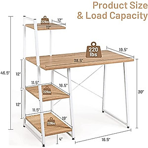 COSTWAY Computer Desk with 4-Tier Storage Shelves, Home Office Desk Writing Table with Sturdy X-Shape Frame, Adjustable Foot Pads, Modern Small Study Desk, Wide Tabletop (Natural and White)