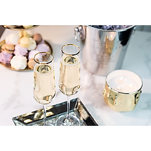 Gold Rim Champagne Gift Glasses | Set of 2 | Crystal Square Toasting Flutes for Bride and Groom, Wedding, Anniversary, Birthday | Elegant Long Stemmed Glassware for Sparkling Wine, Prosecco