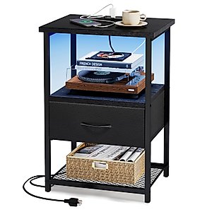 Fixwal Night Stand with Charging Station, LED Nightstand with Fabric Drawers, End Table with PU Finish, Bedside Table, Black