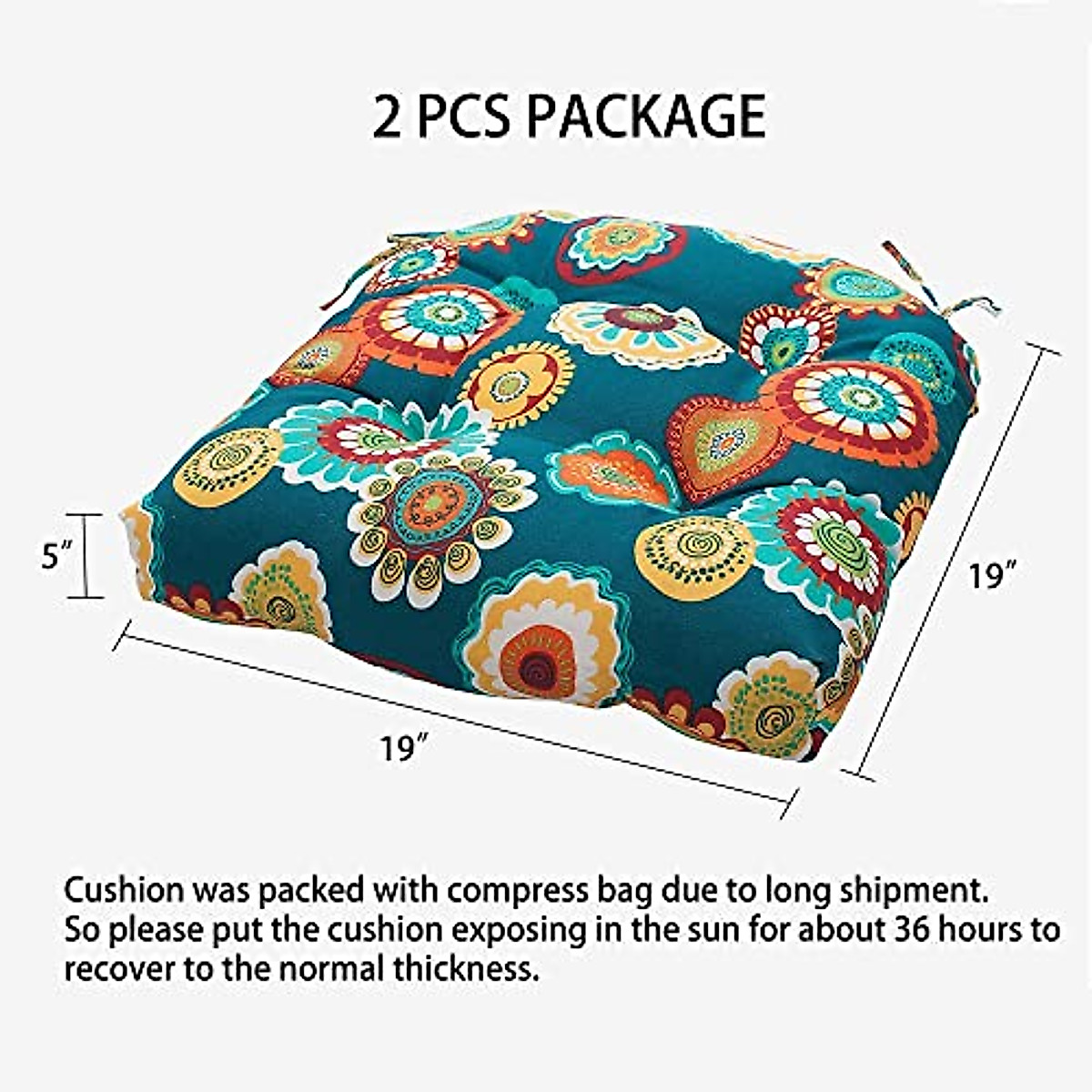 MAGPIE FABRICS Outdoor/Indoor Tufted Seat Cushion with Ties Set of 2, 19"x19" Waterproof Patio Chair Pads Tatami for Room Garden Balcony Office Decor(Heronsbill Turquoise Green)