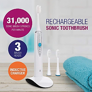 ToiletTree Products Poseidon Rechargeable Sonic Toothbrush with Inductive Charger and 3 Replacement Brush Heads for Multiple Users