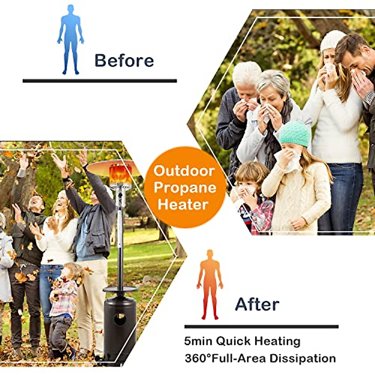 Erinnyees Propane Patio Heater, 47000 BTU Outdoor Propane Heater with Drink Shelf Tabletop - Auto Shut Off Tilt Valve - Simple Ignition System and Wheels, Gas Heater for Patio and Garden…