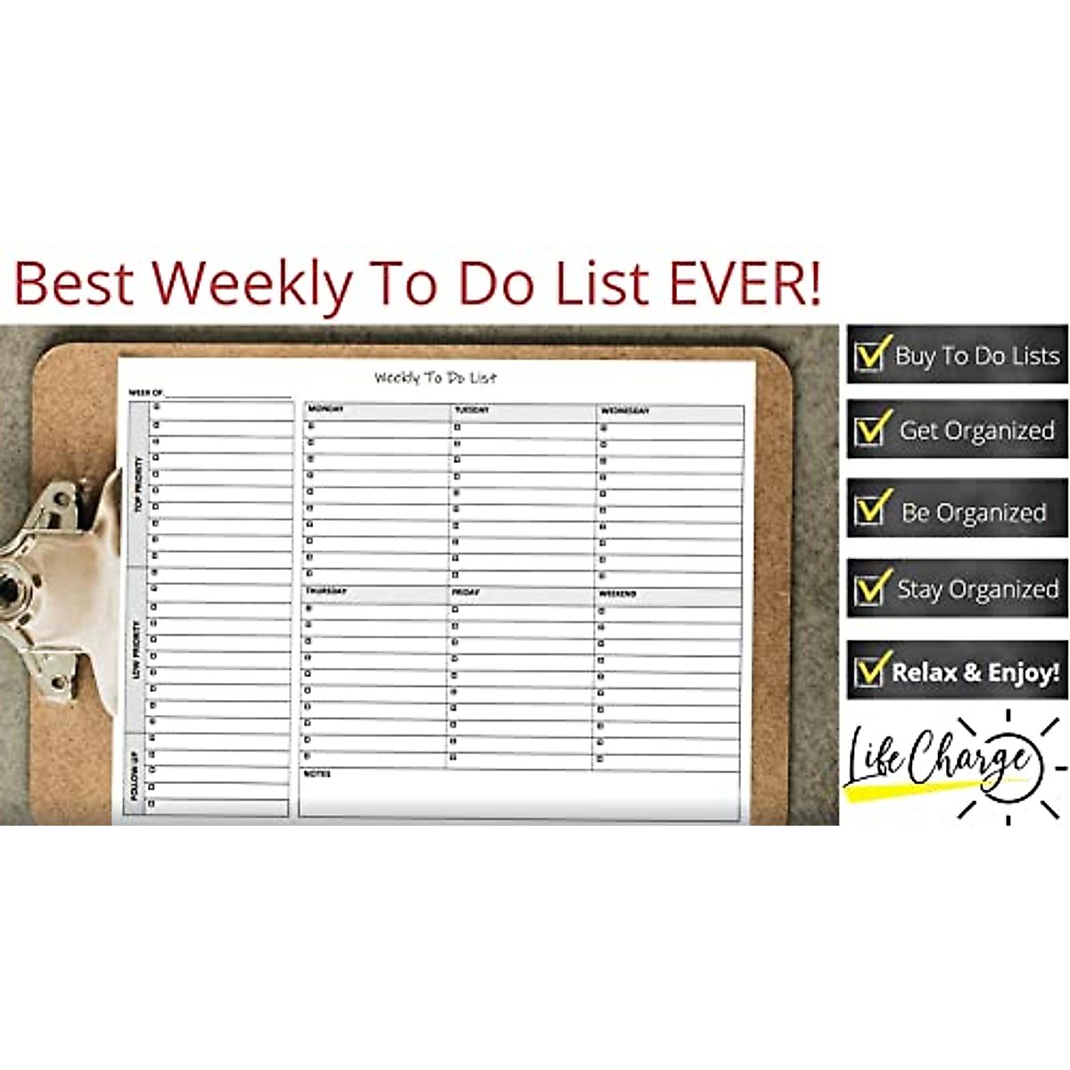 Weekly TO DO List Notepad, 50 Page Task Planner Pad w/ Daily Checklist, Priority ToDo Checkbox & Note Sections. Desk Notebook Pad to Organize Office. 11 X 8.5, A4 Sheets. Made in the USA.