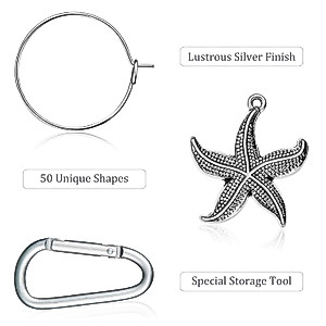 50 Piece Beach Themed Wine Glass Charms with 50 Pieces Hanging Rings and 2 Pieces Buckles for Tasting Party Decoration Supplies, 102 Pieces Totally