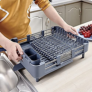 BRWINASLL Dish Drying Rack, Expandable Sink Dish Rack , Stainless Steel Drying Rack for Kitchen Counter and Drainboard Set with Removable Utensil Holder, Grey Dish Rack - 13.4-21.7 Inch