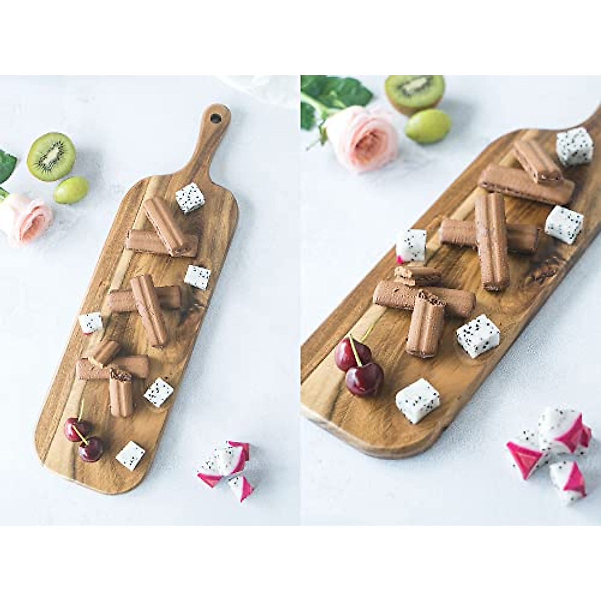 BILL.F Acacia Wood Cutting Board with Handle Small Size Long Wooden Charcuterie Board Paddle Cheese Board Serving Boards for Kitchen Meat, Pizza,Cheese, Bread, Vegetables &Fruits 16'' x 4.7'' x 0.6''