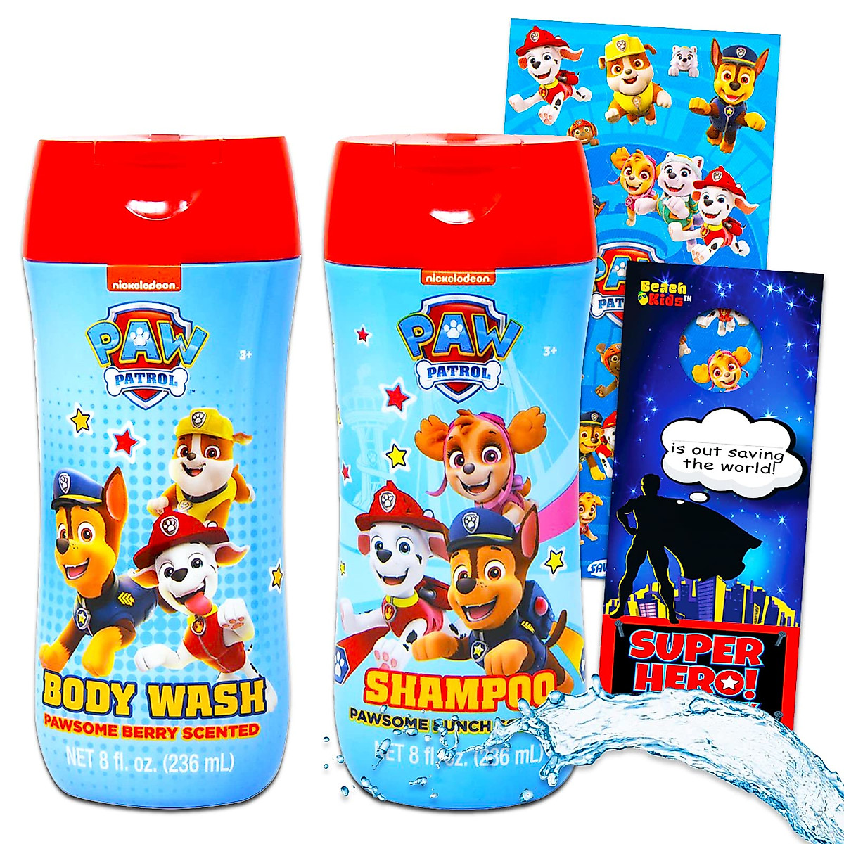 Paw Patrol Bathroom Set for Kids, Toddlers -- 4 Pc Paw Patrol Accessories Bundle with Shampoo, Body Wash, 300 Stickers, and More (Paw Patrol Bath Toys and Decor) Paw Patrol Bath Set