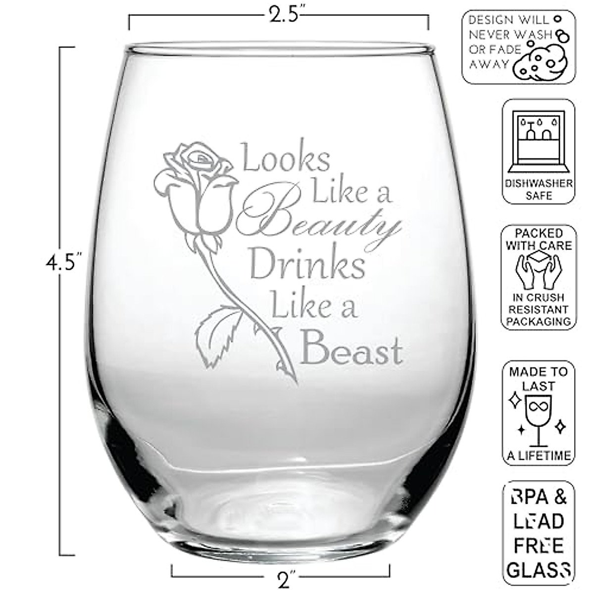 Looks Like a Beauty, Drinks Like a Beast - 15 oz Stemless Glass - Funny birthday Gift - Beauty and the Beast Fairytale Inspired - 21st Birthday Gifts - Original Christmas, Anniversary, Bachelorette