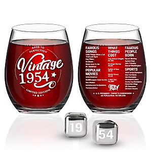 Greatingreat 1954 Old Time Information 70th Birthday Gifts for Women Men - 1954 Vintage 15 oz Stemless Wine Glass - 70 Year Old Birthday Party Decorations - Seventy Class Reunion Ideas