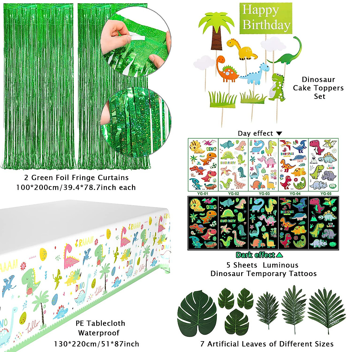 176pcs Dinosaur Birthday Party Decorations, Slmeno Dinosaur Balloon Arch Garland Kit with Dinosaur Cake Topper,HAPPY BIRTHDAY Balloons,Dinosaur Tablecloth,Curtains,Glow In The Dark Dinosaur Tattoos