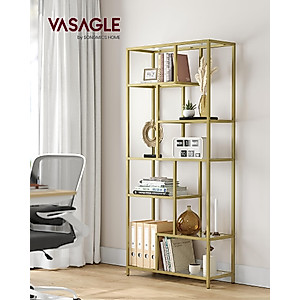 VASAGLE Bookshelf, 6-Tier Tall Bookcase, Display Shelf, Plant Stand, 11.8 x 31.5 x 70.9 Inches, Tempered Glass, for Study, Office, Living Room, Bedroom, Kitchen, Metallic Gold ULGT502A01