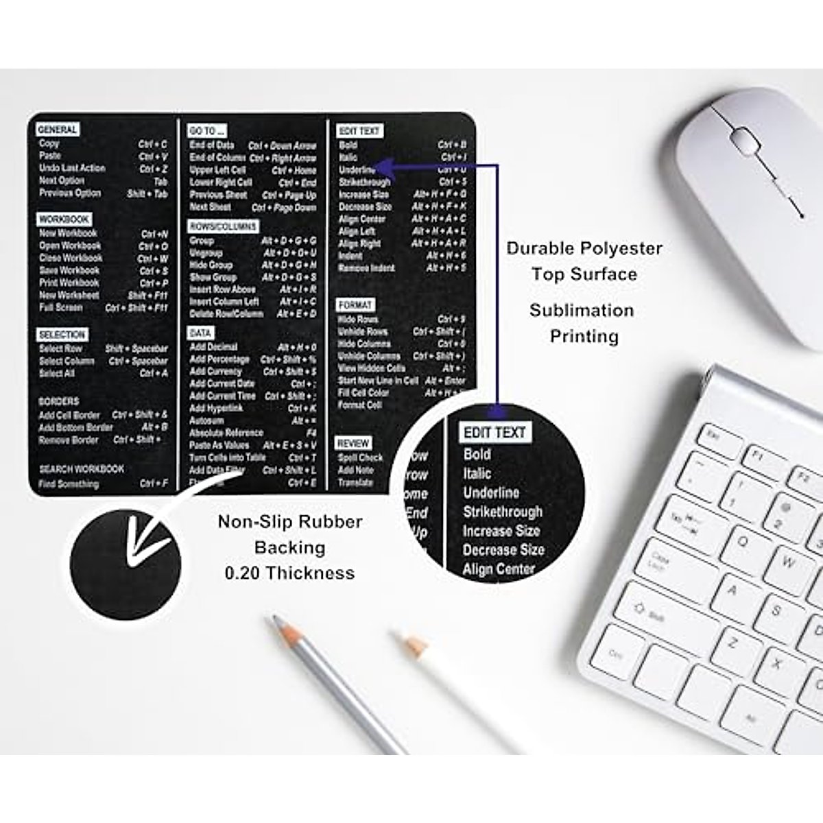 Monilee and Bella Excel Shortcuts Mouse Pad - 66 Reference Cheat Sheet Guide Keyboard Shortcut Formulas - The Ultimate Productivity Tool 7.75" x 9.25" (Solid Black Print)
