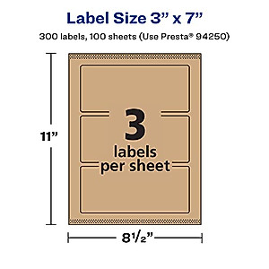Avery Kraft Brown Rectangle Labels with Sure Feed, 3" x 7", 300 Kraft Brown Labels, Print-to-The-Edge, Laser/Inkjet Printable Labels