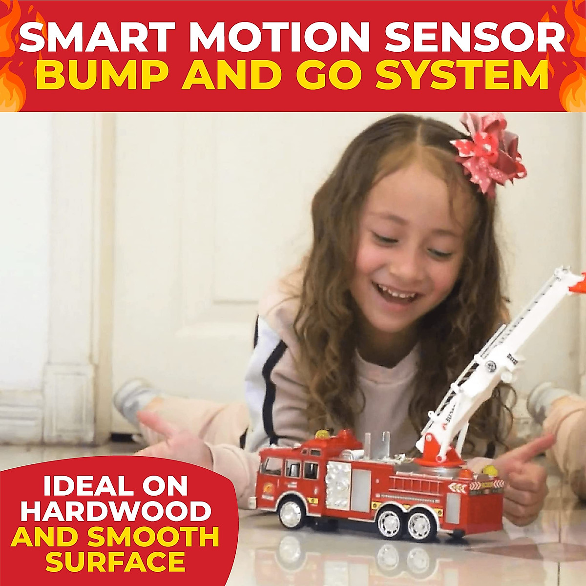 Toysery Fire Truck Toy with Flashing Lights & Siren Sounds for Kids, Extendable Rotating Ladder, Bump and Go Action, Role Play Toy for Boys & Girls, Kid Car Toy Trucks, Ages 3-7+