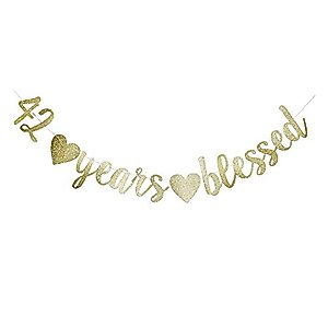 42 Years Blessed Banner, Funny Gold Glitter Sign for 42nd Birthday/Wedding Anniversary Party Supplies Props
