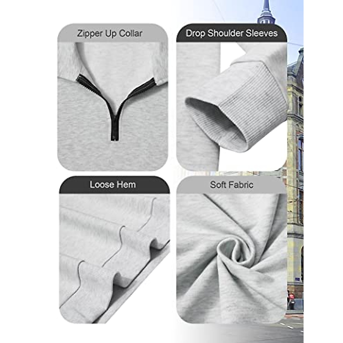 Womens Oversized Half Zip Pullover Sweatshirt Long Sleeve V Neck Sweatshirts Quarter Zip Teen Girls Fall Y2K Clothes Trendy Drop Shoulder Loose Fit Outfits Grey