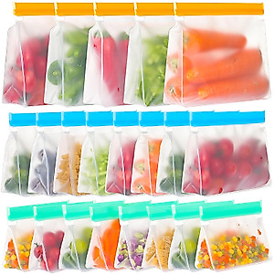 Moretoes 21 Pack Reusable Ziploc Bags (5 Gallon Freezer Bags+8 Reusable Sandwich Bags+8 Snack Ziplock Bags), Silicone Bags Reusable Storage, Quart Bags Washable for Fruit Salad, 3 Colors