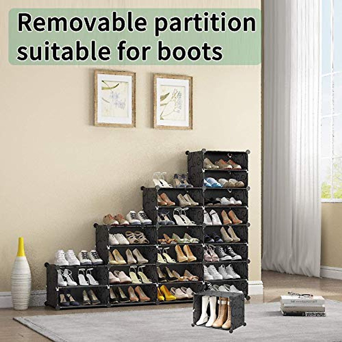 KOUSI 40-Pairs Shoe Rack for Entryway Shoe Storage Space Saver Plastic Shoe Organizer Narrow Standing Expandable for Heels, Boots, Slippers,Black
