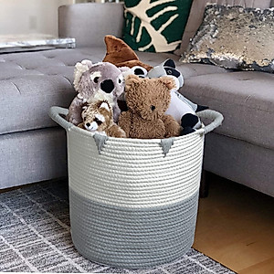VIEIRO Cotton Rope Storage Baskets,2-Pack 12 inch x12 inch x14 inch Round storage Woven Basket,Cube Storage Bin,Collapsible Laundry Basket In Bedroom,Laundry Room,Nursery and Living Room For kids and Pets Clothes,Toy,Towels,Blanket(White and Gray)