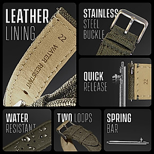 STUNNING SELECTION Alpine CORDURA fabric top and water resistant leather lining watch strap with Quick Release Spring Bars - Olive Green 22 mm