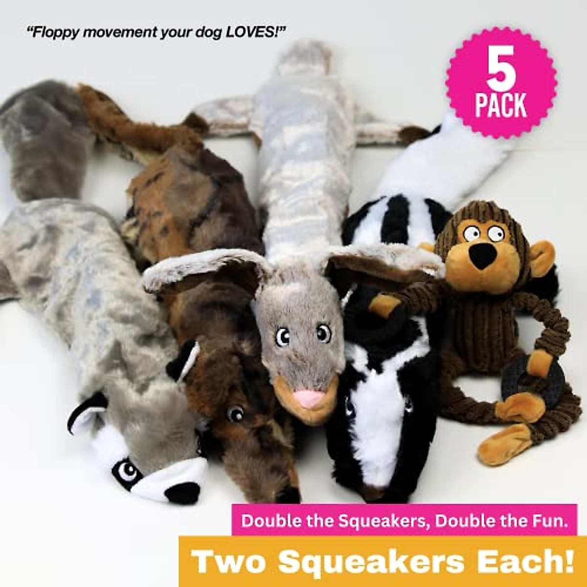 THE PET BUDS No Stuffing Dog Toy Set - 5 Pack Bundle - No Dangerous Stuffing to Chew or Swallow - 2 Squeakers Each - Big Dog Plush Toys for Small, Medium and Large Dogs - Cute Durable Squeaky Dog Toy