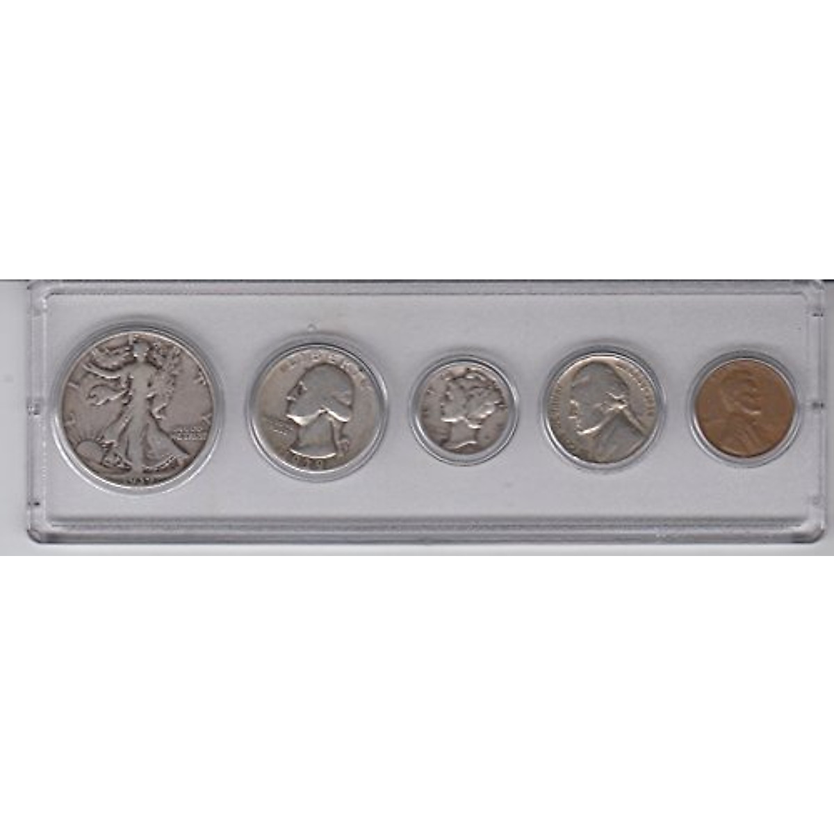 1939 Birth Year Coin Set (5) Coins - Half Dollar, Quarter, Dime, Nickel, and Cent - All Dated 1939 and Encased in a Plastic Display Case -Vintage- Great Gift For Any Occassion Very Good