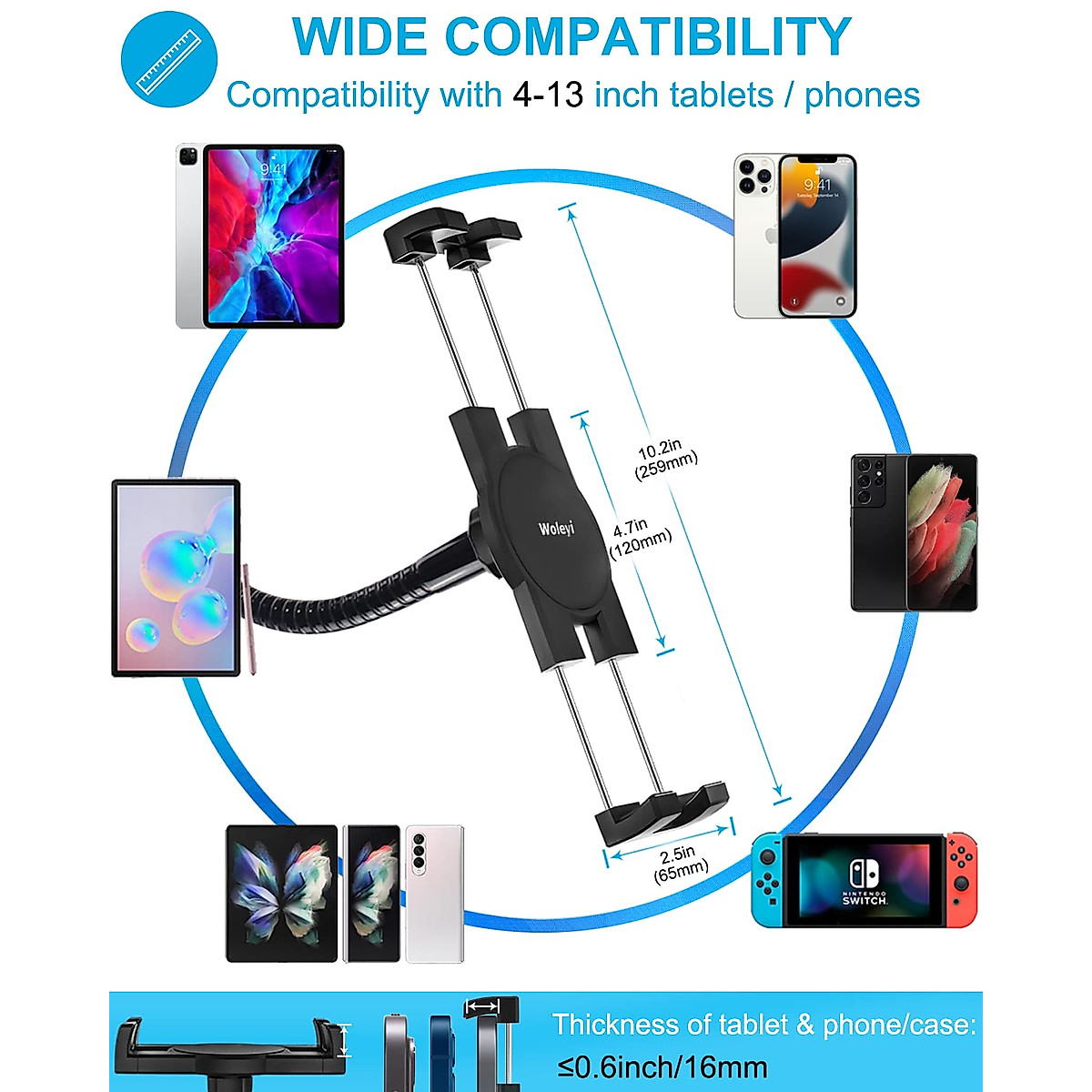 woleyi Gooseneck Tablet Holder Mount, Heavy Duty Desk/Bed Tablet Stand, Flexible Arm Clip for iPad Pro Air Mini, Galaxy Tab/Z Fold, Fire HD, Surface Pro/Go, Switch, iPhone and More 4.7-13" Devices