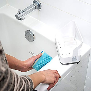 Sink Caddy Sponge Holder - Kitchen Sink Organizer with Adjustable Compartment Dividers and Drip Drain Tray - Slim White Plastic Design - For Dish Cleaning, Brush, Scrubbie Storage - Dishwasher Safe