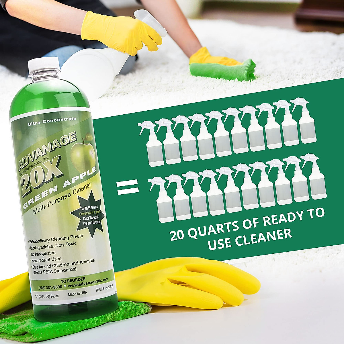 All Purpose Cleaner Concentrate - Advanage 20X The Wonder Cleaner Green Apple for All Surfaces Around The Home, Oil and Grease | Multipurpose Cleaner For All Household Cleaning Needs | 32Oz