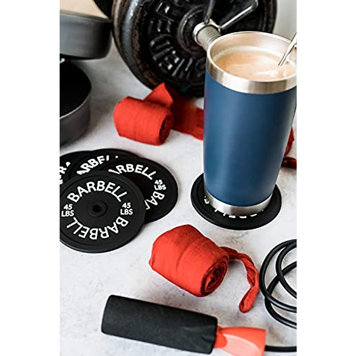 6 Set Barbell Bumper Plate Drink Coasters, Round Black Silicone Coasters, Coasters for Coffee Table, Coasters for Drinks, Absorbent Non-Stick Coaster Set for Table Top, Fitness Gym Accessories Gift