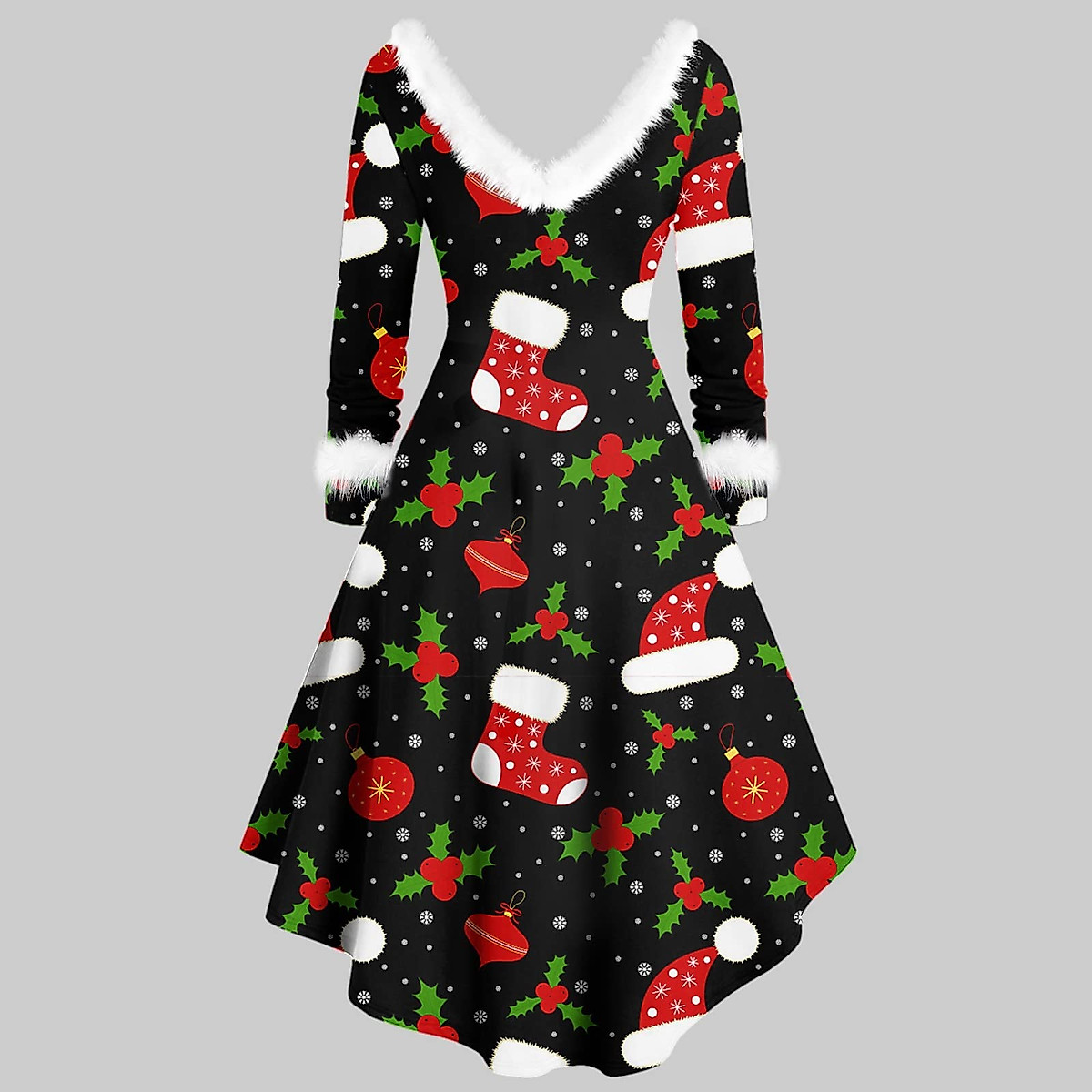 Red Dresses for Women Sexy Santa Christmas Printed Midi Dresses Furry V-Neck A-Line Swing Party Dress Cosplay Costume