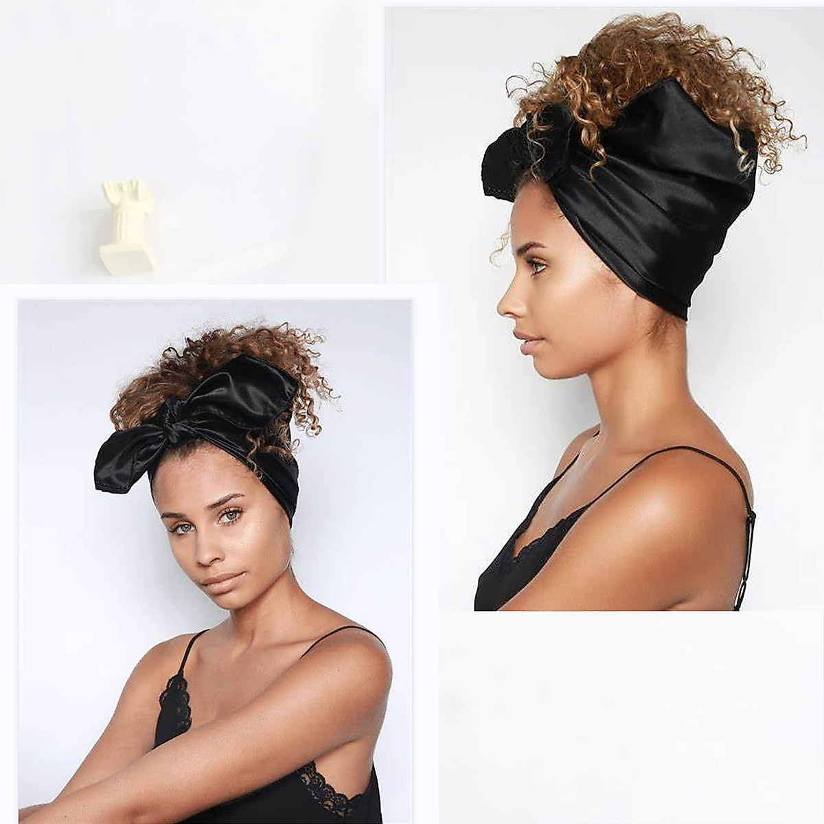 vimate Black Silk Feeling Scarf, 35'' Square Retro Soild color Satin Headband Scarf for Hair Wrapping at Night (Black)