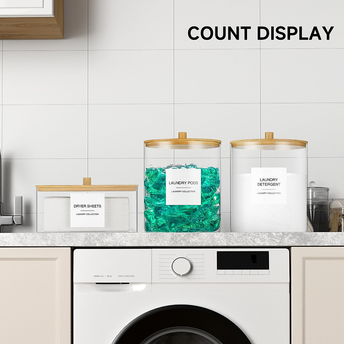 TIPGO Glass Jars and Acrylic Dryer Sheet Holder, Laundry Pods Container with Bamboo Lid and 27 Labels, Powder Detergent Containers for Laundry Room Organization, Storage Jars Set (3 Pack)