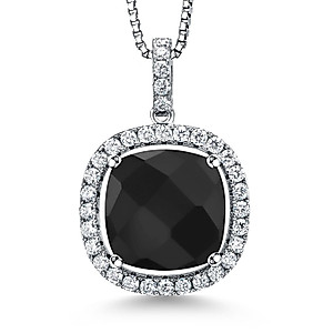 Gem Stone King 925 Sterling Silver 14MM Cushion Gemstone Birthstone and White Moissanite Pendant Necklace | Halo Necklace for Women | With 18 Inch Chain