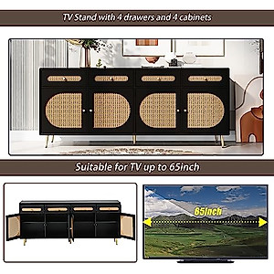 Modern TV Stand with 4 Rattan Doors and 4 Drawers, Entertainment Center for TVs Up to 65", Media Console Table Storage Sideboard Cabinet with Adjustable Shelves for Living Room Bedroom (Black-4R)