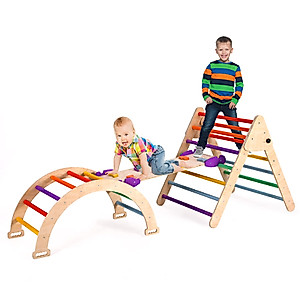 Agiyimi 4 in 1 Pikler Triangle Climber, Foldable Wooden Triangle Ladder Montessori Climbing Toys with Ramp Arch Climber Rocker Indoor Outdoor Gym Playground Climbing Toys for Toddlers(Multicolor)