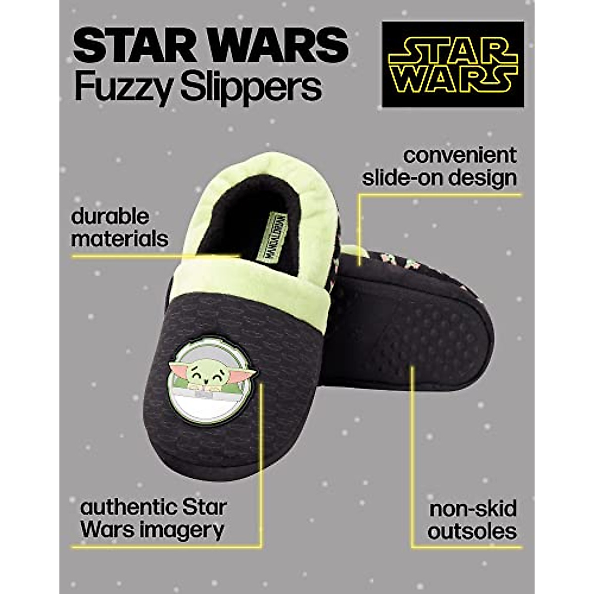 Disney Boys' Star Wars Slippers - Mandalorian Baby Yoda Fuzzy Slippers, Non-Skid Sole (Little/Big Boys), Size 4-5, Baby Yoda