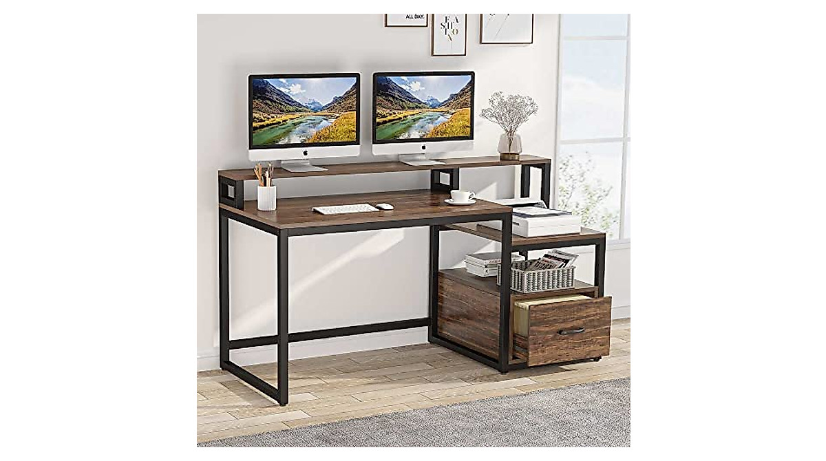 Tribesigns 60 Inch Computer Desk with Storage – Rustic Vintage Home Office