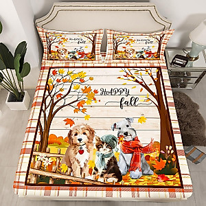 Castle Fairy Happy Fall Plaid Bed Sheet Set for Boys Girls,Cute Dog Cat Animals Halloween Bed Sheet Set Full Size Bedding Set,Maple Leaves Retro Check Geometric Fitted Sheet and 1 Flat, 2 Pillow Sham
