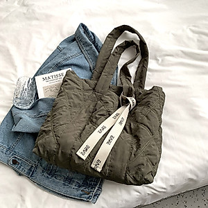 iSamzan Puffer Quilted Tote Bag for Women Puffy Padded Purse with Zipper Work Nylon Soft Purse-Green