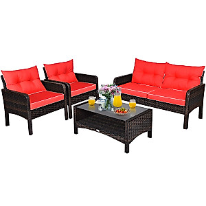 Tangkula 4 Piece Patio Furniture Set, Outdoor Wicker Conversation Set with Glass Top Coffee Table, All Weather Proof and Thick Cushions, Suitable for Porch, Garden, Poolside and Lawn (Red)