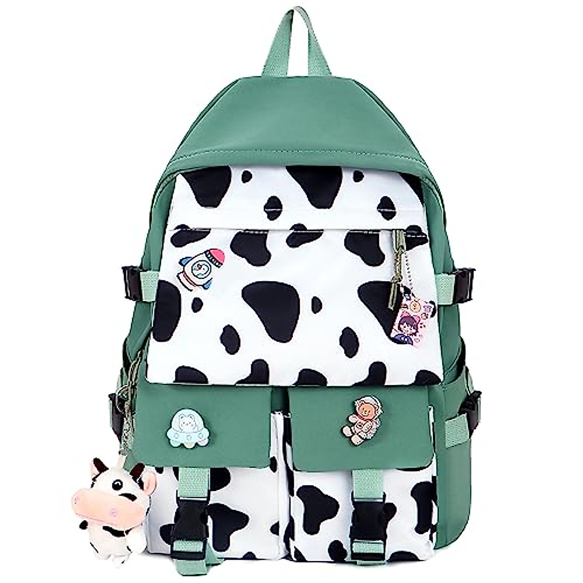 Unineovo Cow Print Kawaii Backpack with Cute Pin Accessories Plush Pendant Kawaii School Backpack Cute Aesthetic Backpack