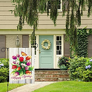 Louise Maelys Happy Spring Garden Flag 12x18 Double Sided, Burlap Small Vertical Floral Flower Garden Yard Flags for Seasonal Outside Outdoor House Decoration (ONLY FLAG)