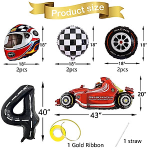 Stcomart 8 PCS Race Car Party Decorations, Black Number 4 Balloon Checkered Balloons Tire Balloons for Boys 4th Birthday