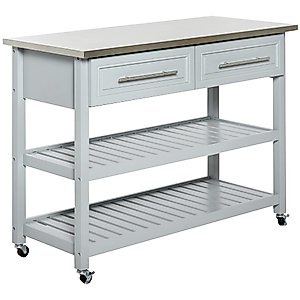 HOMCOM Kitchen Island Rolling Utility Trolley Cart with 2 Drawers Stainless Steel Top - Grey
