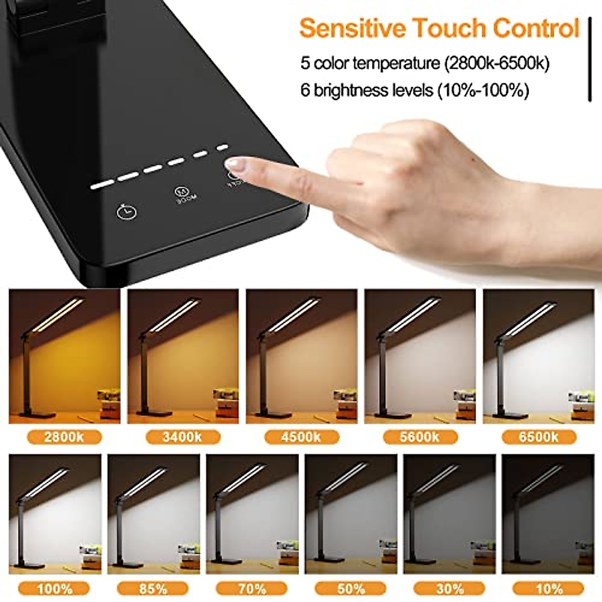 YUNSOVA LED Desk Lamp for Home Office, Double Head Desk Light, 5 Color Modes , 6 Brightness Levels, Touch Control, USB Charging Port, Auto Timer, Eye-Caring dimmable Table Lamp for Reading Study