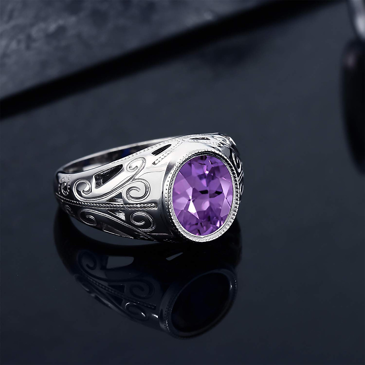 Gem Stone King 4.60 Cttw Amethyst Ring For Men In 925 Sterling Silver | Gemstone Birthstone | Oval 12X10MM | Available In Size 7,8,9,10,11,12,13