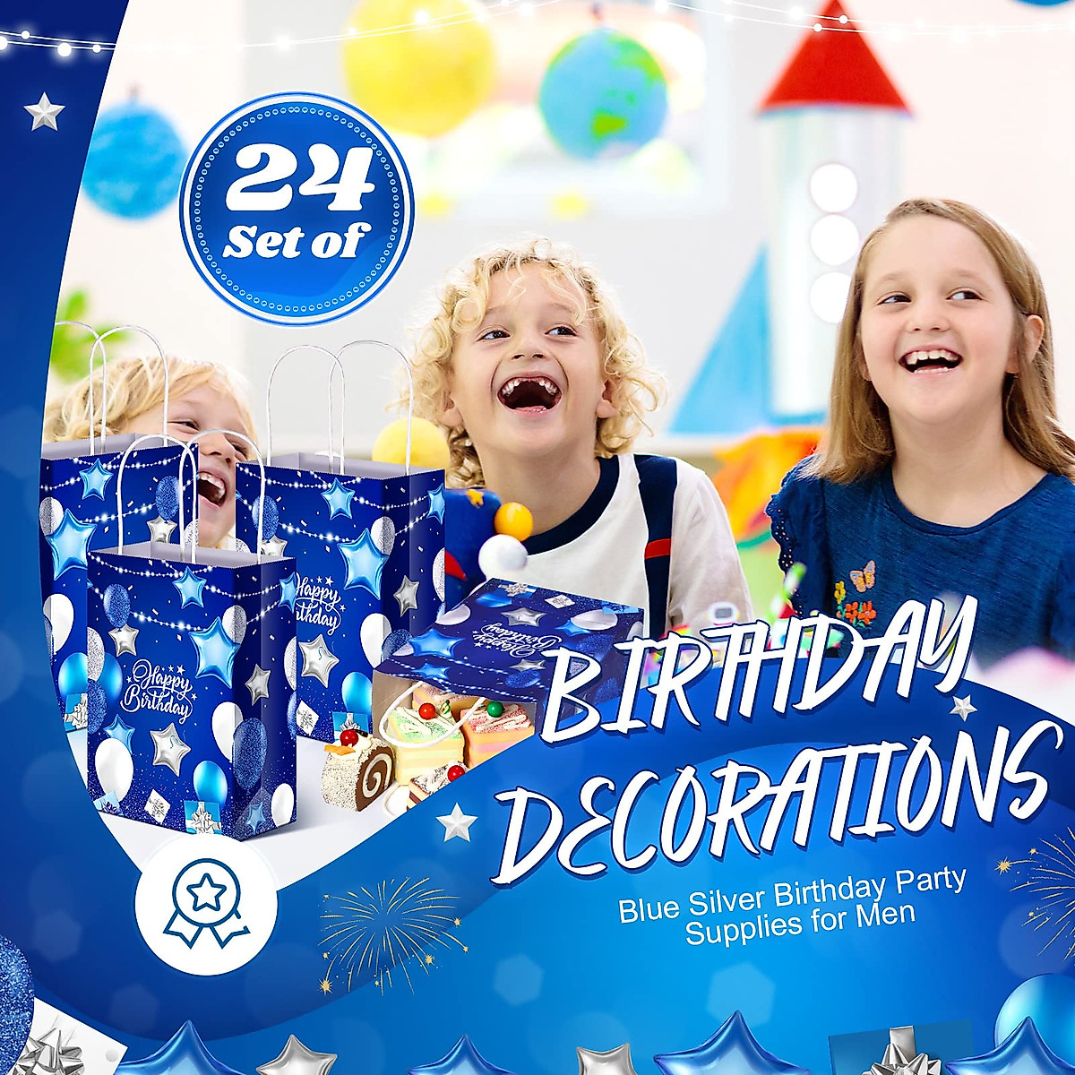 24 Pcs Birthday Gift Bags with Handles Navy Blue Silver Birthday Party Favors Goodie Bag Paper Gift Wrapping Bags for Boy Girls Men Women Birthday Party Supplies, 5.9 x 3.2 x 8.3 Inches